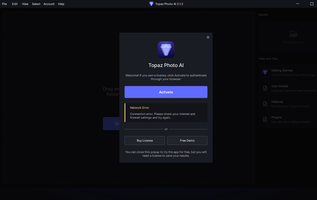 Topaz photo ai ask me to active license but says network error - Bugs ...