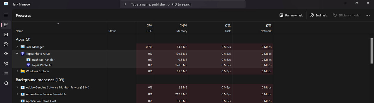 Dual instances of Photo Ai open in Windows 11 Task Manager - General - Topaz Community
