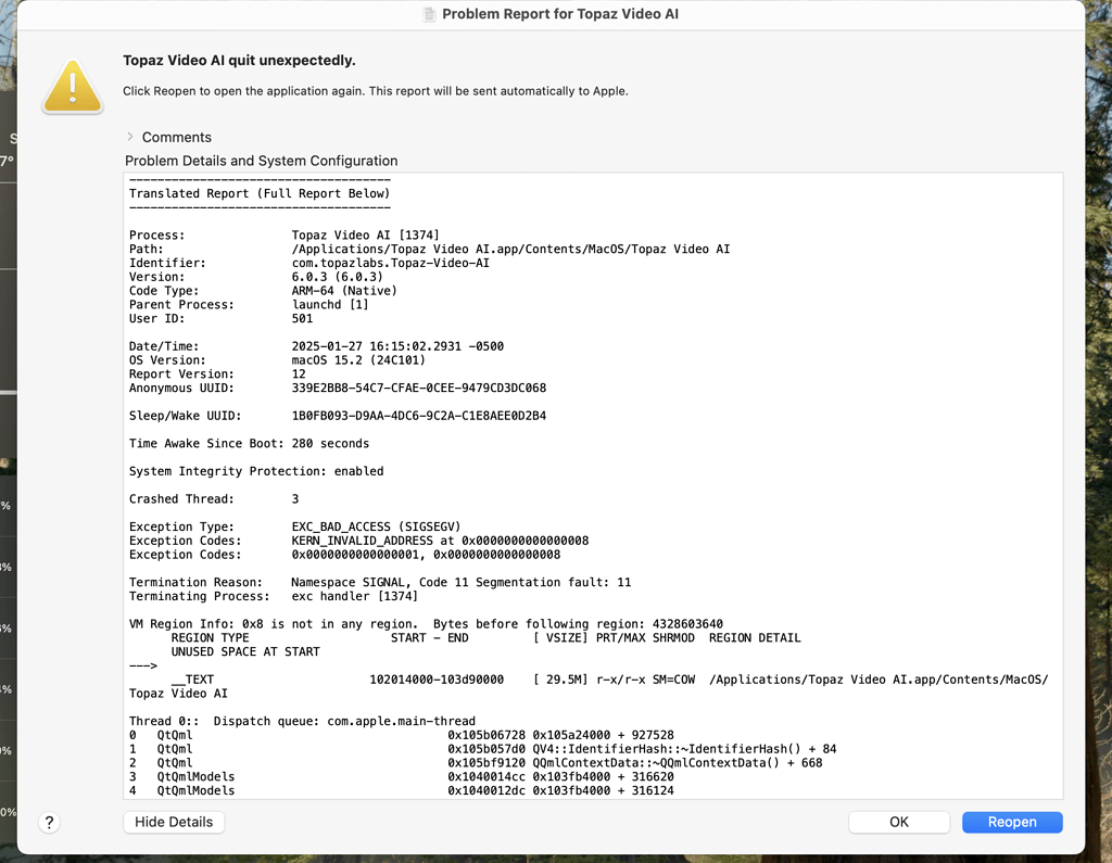 Video AI crashes on close of app - Bugs and Issues - Topaz Community