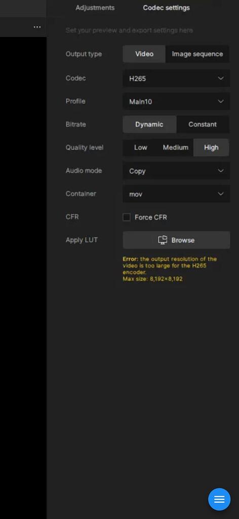 Error: the output resolution of the video is too large for the H265 encoder. Max size: 8192x8192 ...
